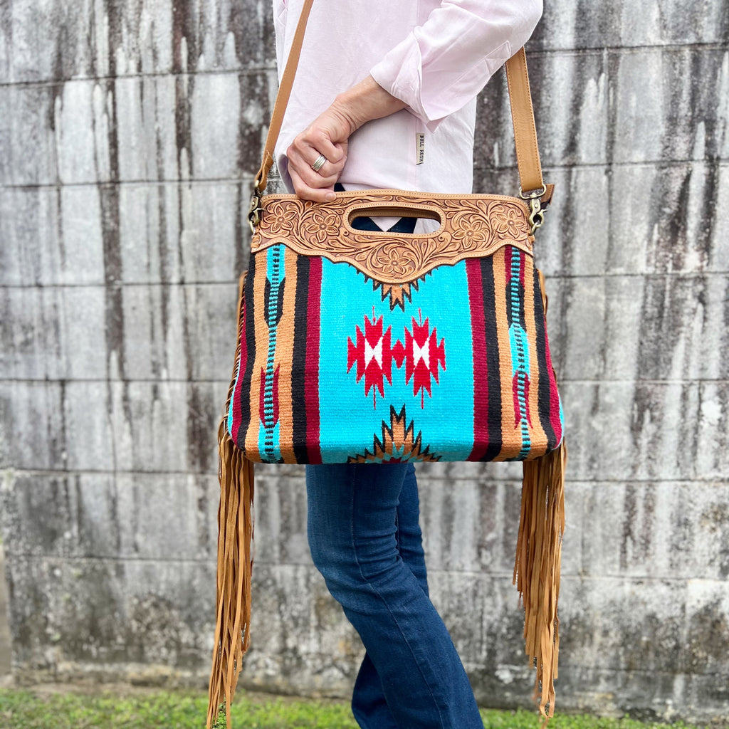 The Design Edge Tooled Leather Turquoise Saddle Blanket Bag Tan ...